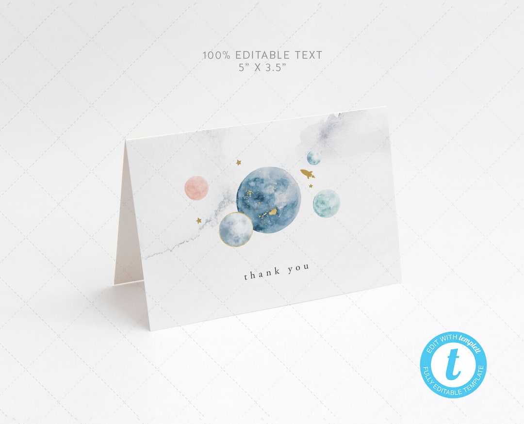 Space Thank You Card, Editable, Birthday , Baby Shower Game, Moon, Sun ...