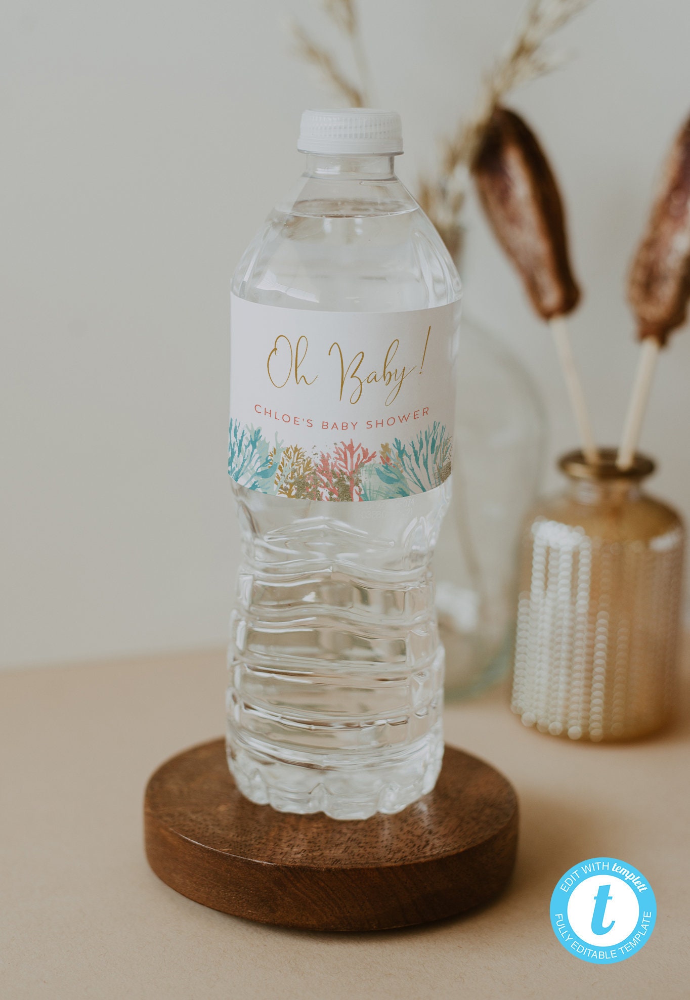 Beach Theme Water Bottle Label, for Any Event, Party Decoration, Coral ...