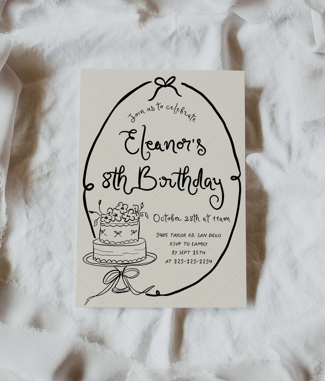 Black Bow Birthday Invitation, Hand-drawn Bow, Any Age, Ribbon Invite ...