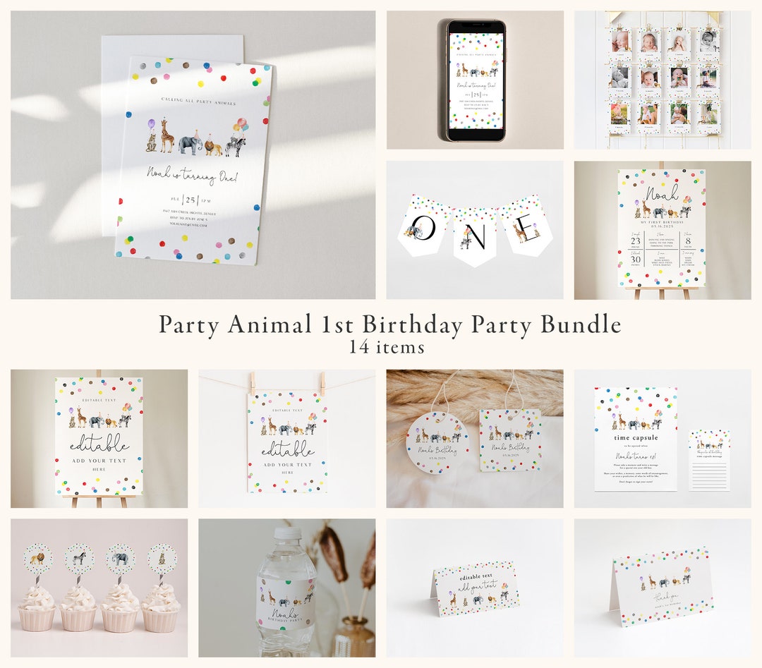 Party Animals First Birthday Party Bundle, Wild One Animals Invitation ...