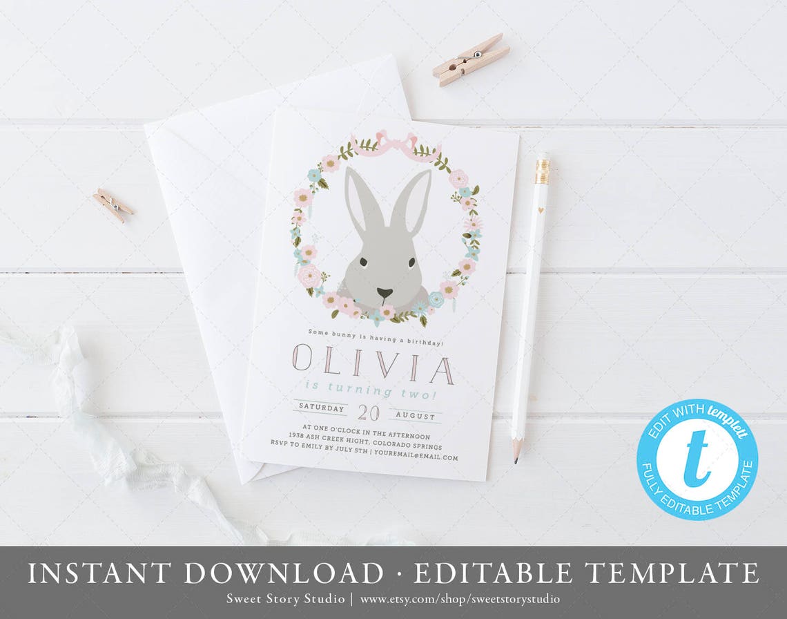 Bunny Birthday Invitation Card Instant Download Templett - Etsy