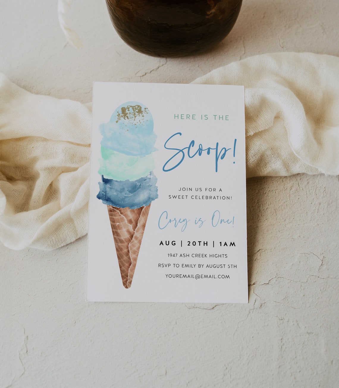 Ice Cream Birthday Invitation Card, Ice Cream Party, Blue and Mint ...