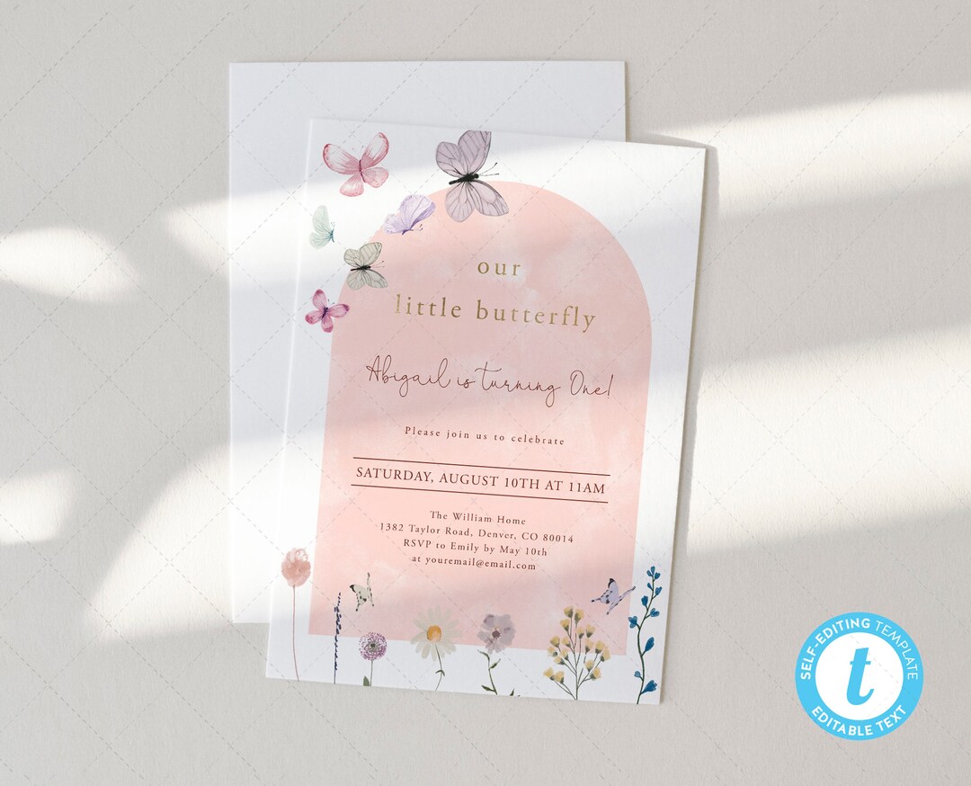 Butterfly Birthday Invitation Card Butterfly Kisses Pink - Etsy