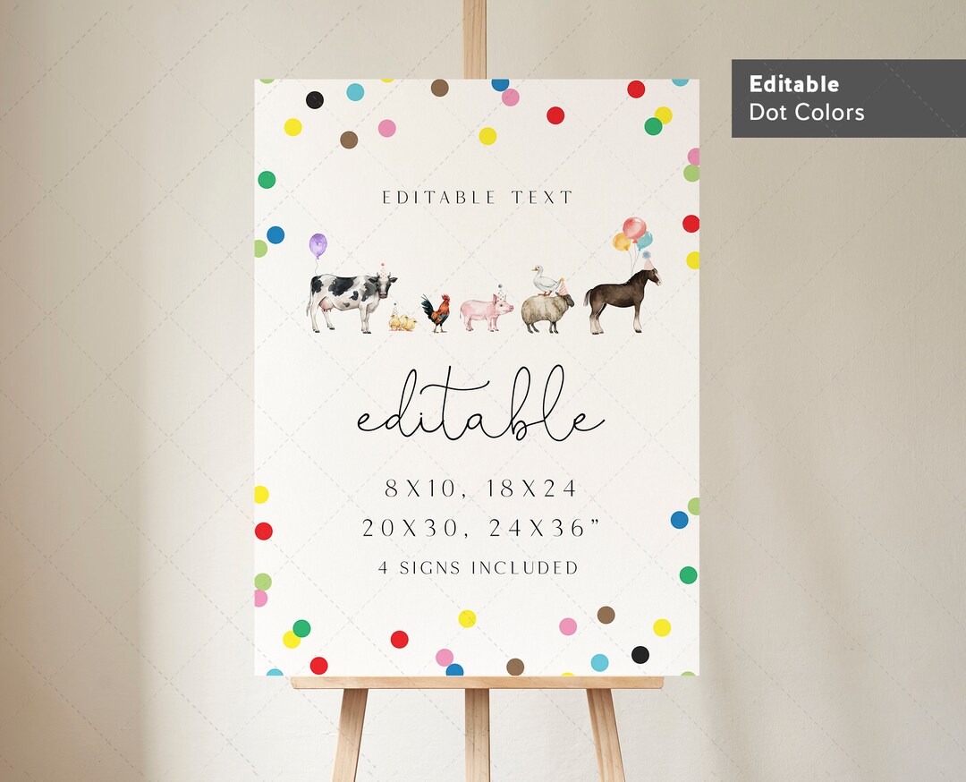 Farm Animals Editable Sign, 4 Sizes, Any Event, Farmyard, Party Animals ...