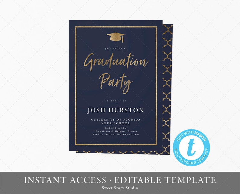 Navy Graduation Party Invitation Navy Gold Simple Modern - Etsy