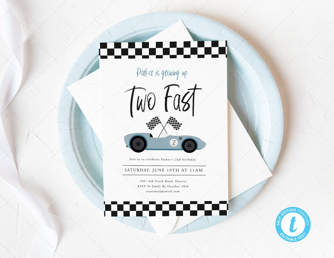 Two Fast Race Car Second Birthday Invitation, Vintage Racing Car ...