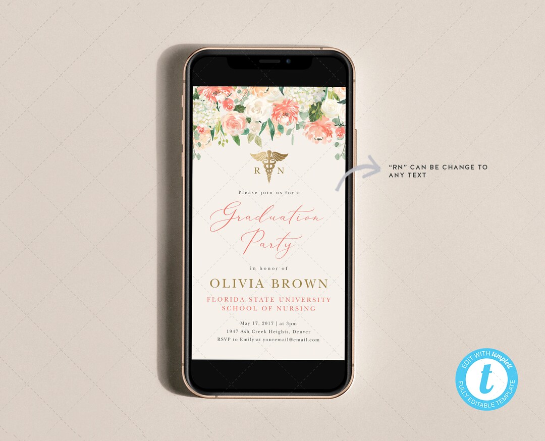 Floral Nursing Graduation Invitation Card, RN, BSN, LPN, Nurse ...