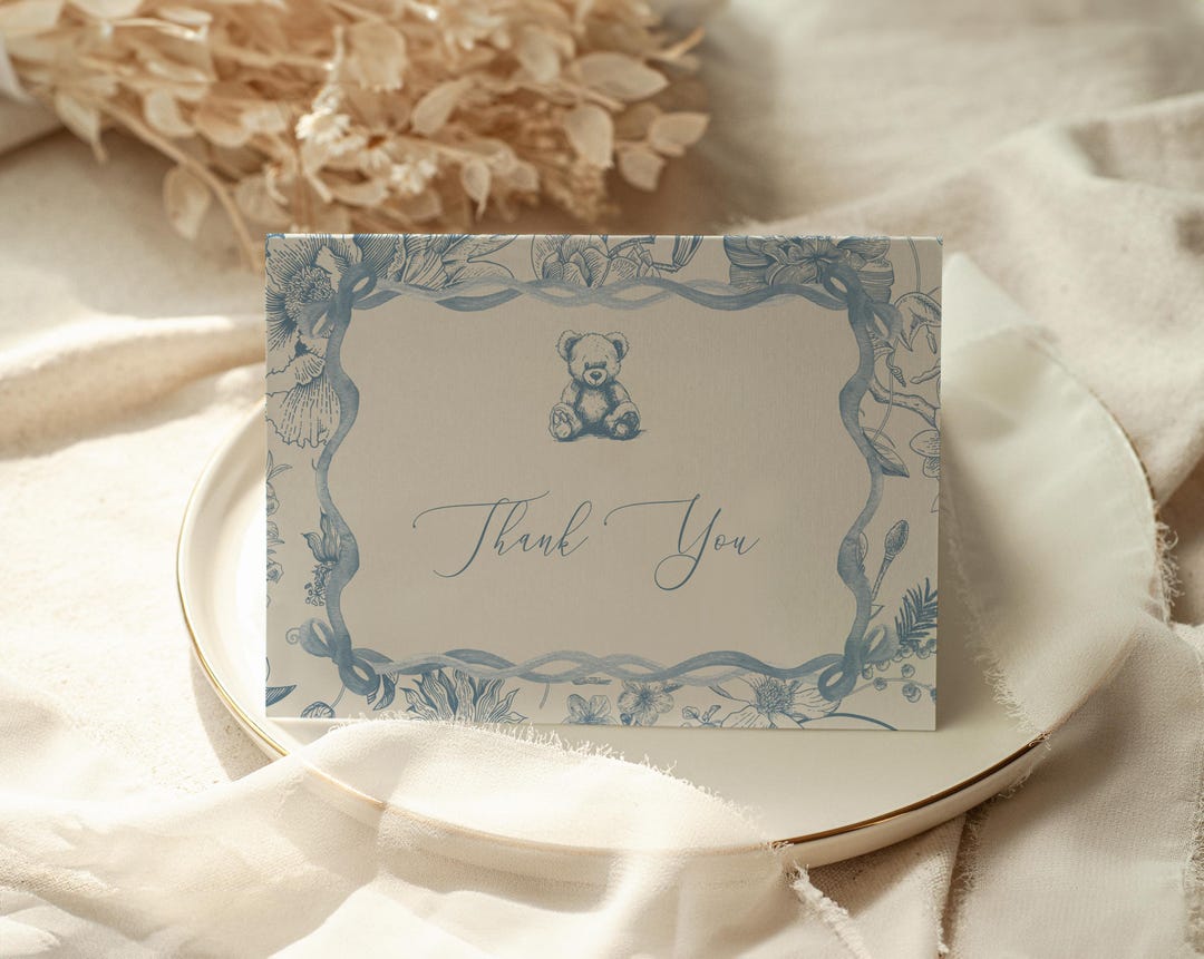 Bear Thank You Card, Editable, Birthday, Blue Chinoiserie, Baby Shower ...