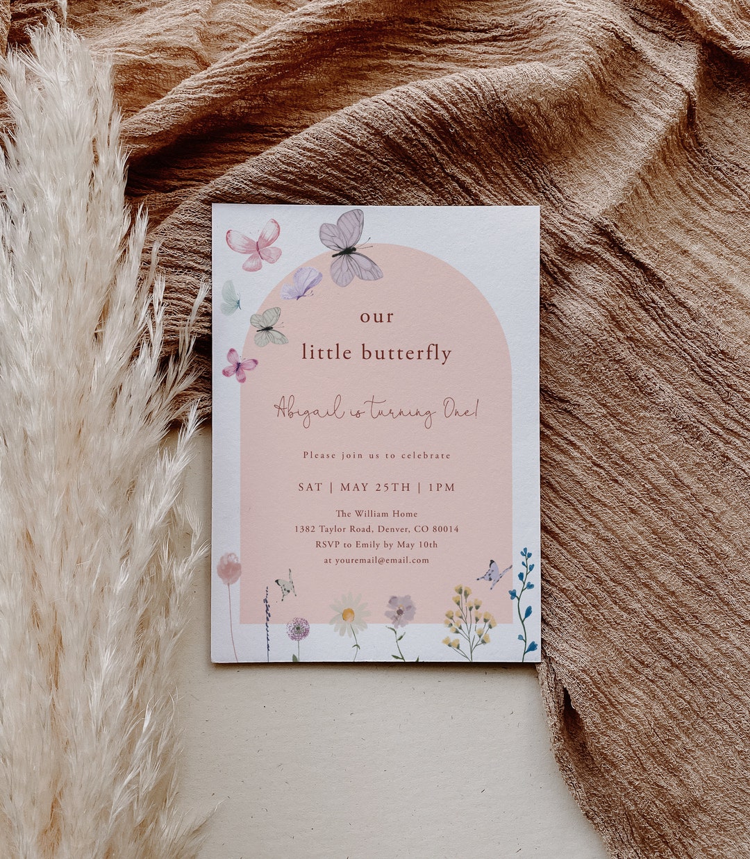 Butterfly Birthday Invitation Card, Butterfly Kisses, Pink, Spring ...