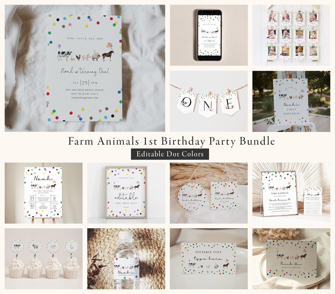 Farm Animals First Birthday Party Bundle, Barnyard Birthday Invitation ...