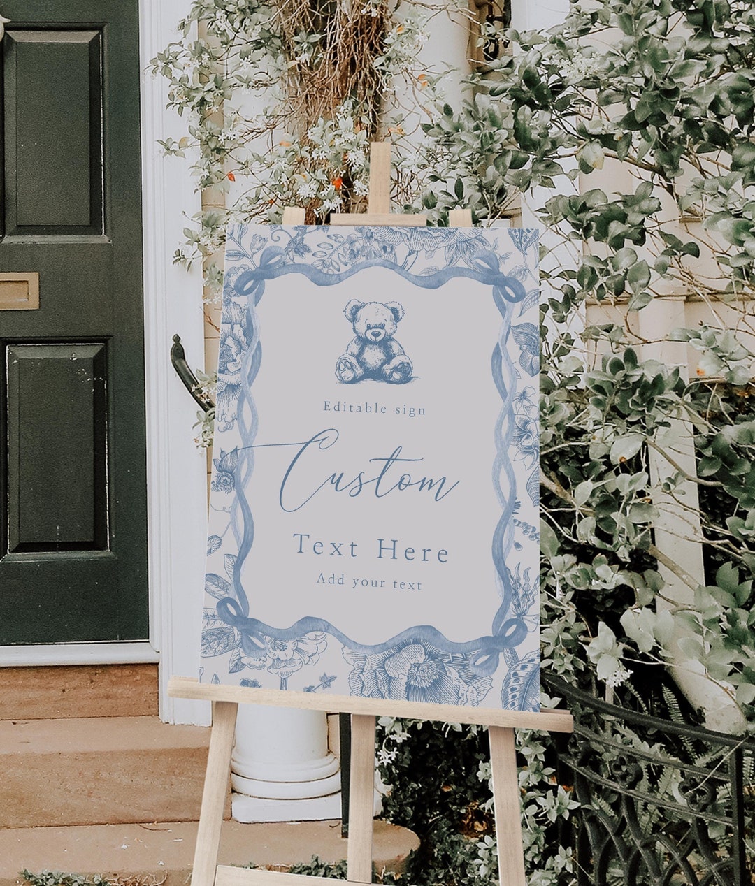 Teddy Bear Baby Shower Sign: Blue Chinoiserie 24x36 (editable Template ...