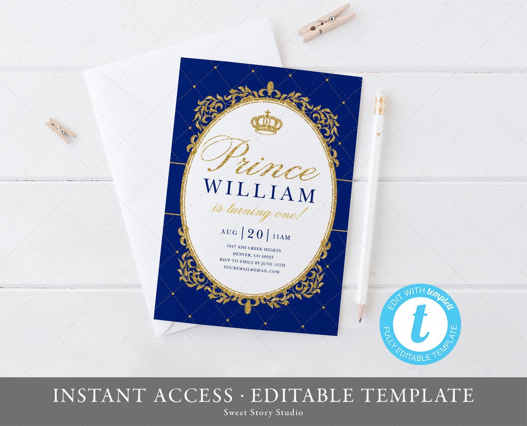 Prince Birthday Invitation Card , Royal Birthday Party, Prince, Gold ...