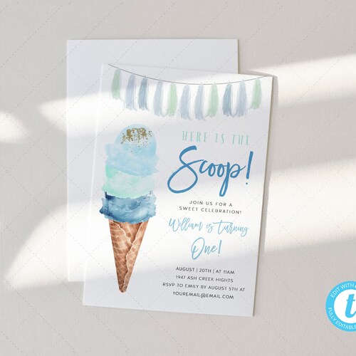 Ice Cream Birthday Party Invitation First Birthday Blue Ice - Etsy