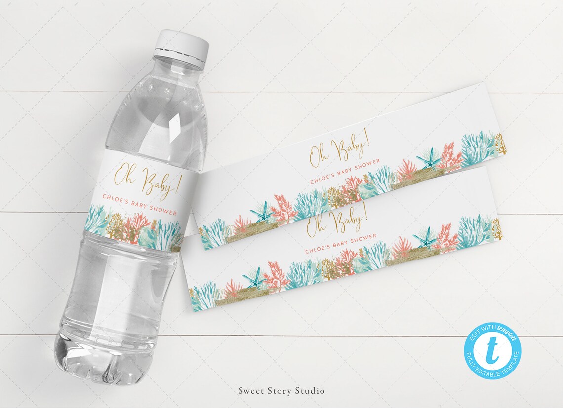 Beach Theme Water Bottle Label, for Any Event, Party Decoration, Coral ...