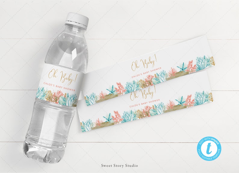 Beach Theme Water Bottle Label, for Any Event, Party Decoration, Coral ...