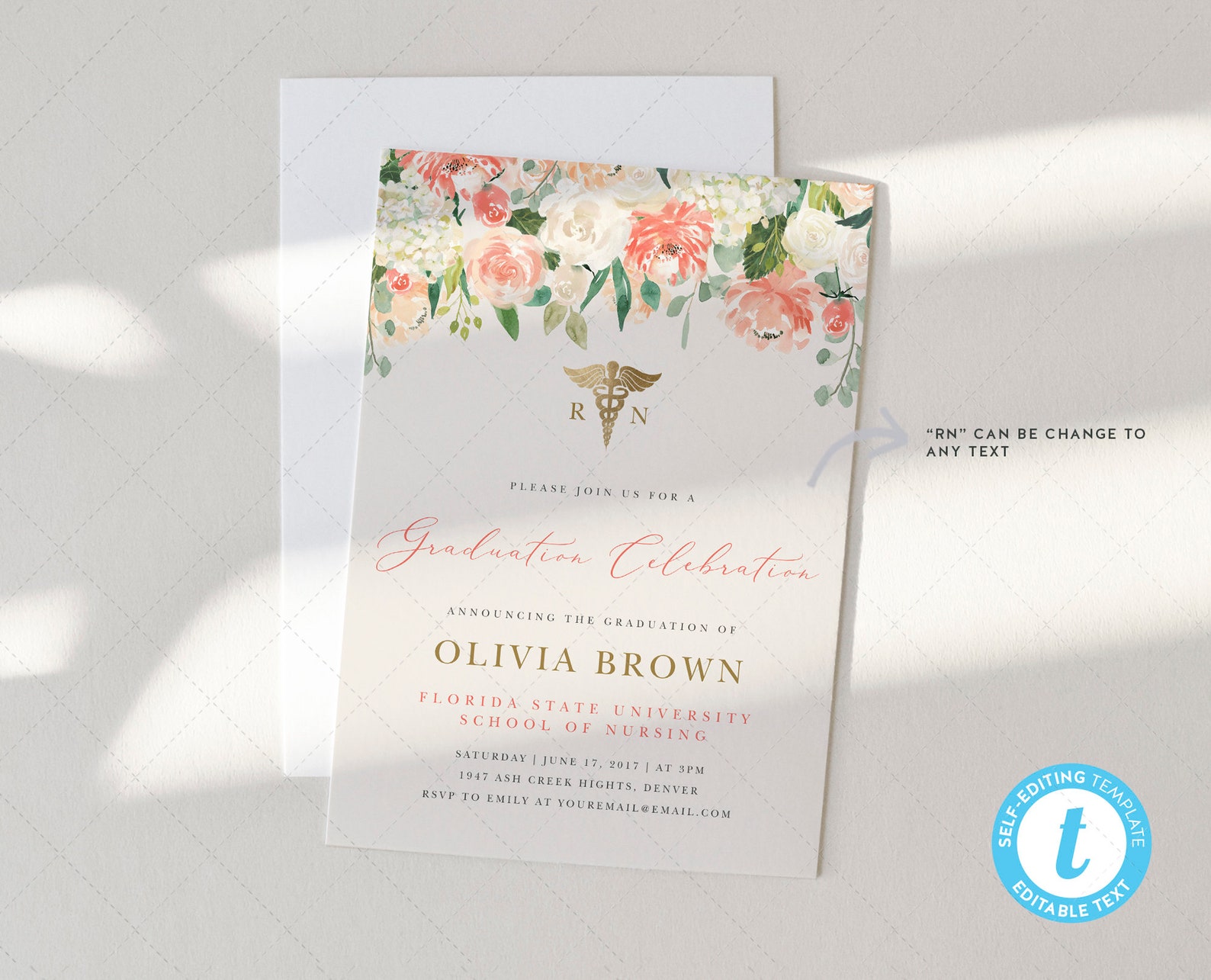 Floral Nursing Graduation Invitation Template, Graduation Celebration ...