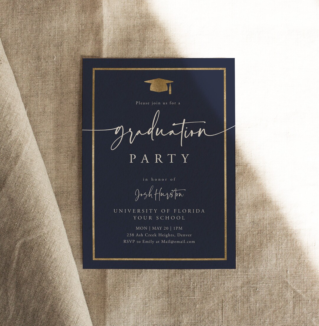 Navy Graduation Party Invitation, Navy, Gold, Simple, Modern Graduation ...