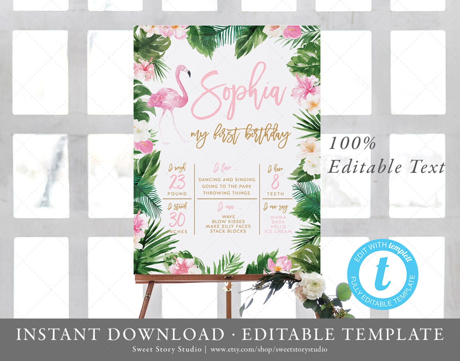 18x24 Tropical Flamingo Birthday Sign Boho Flowers 1st | Etsy