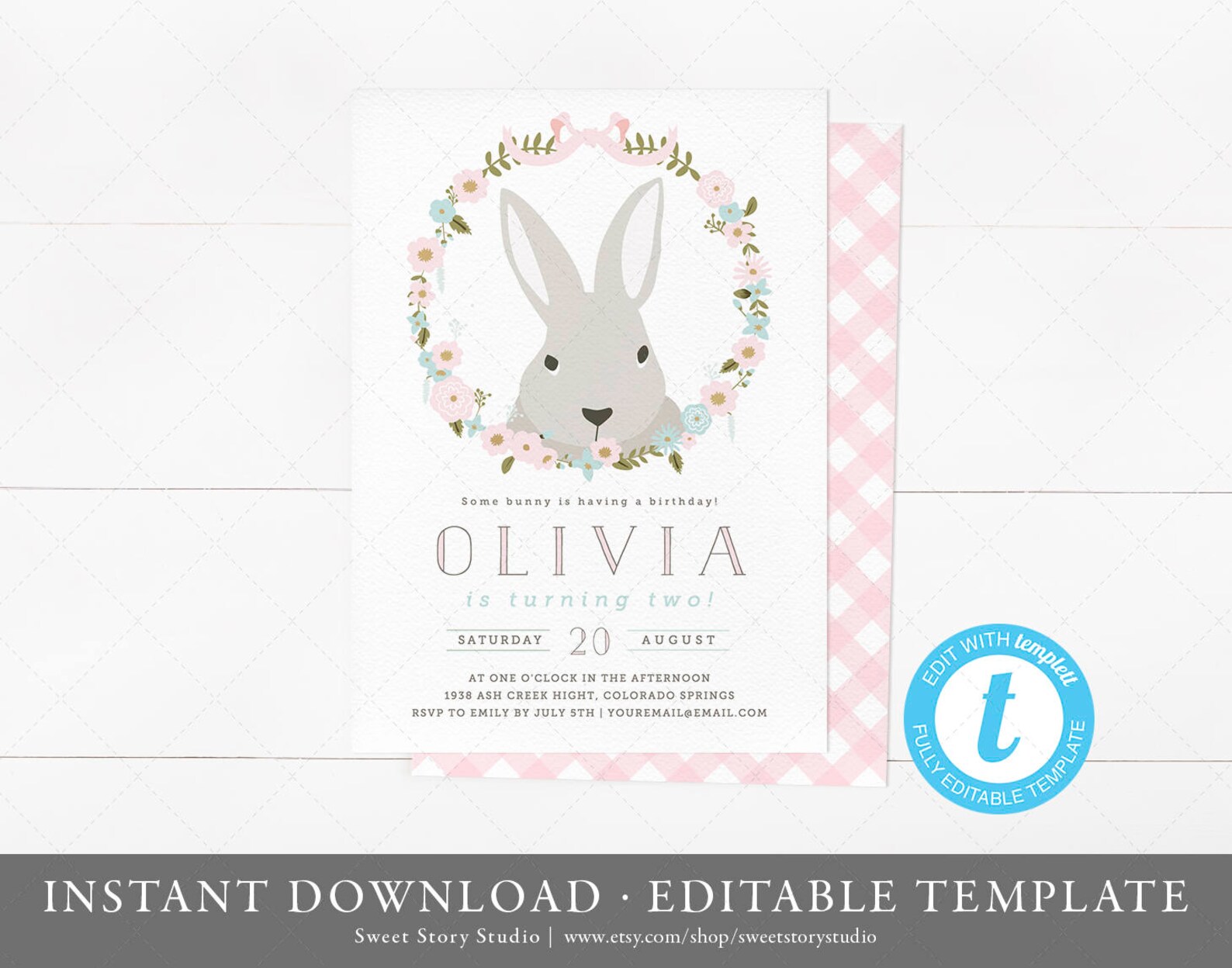 Bunny Birthday Invitation Card Instant Download Templett - Etsy