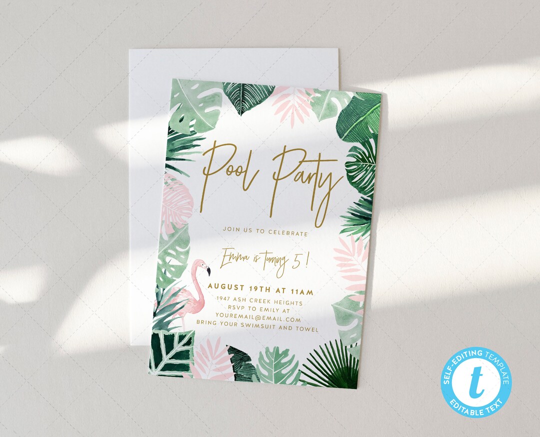 Tropical Pool Party Birthday Invites, Flamingo, Boho, Summer, Tropical ...