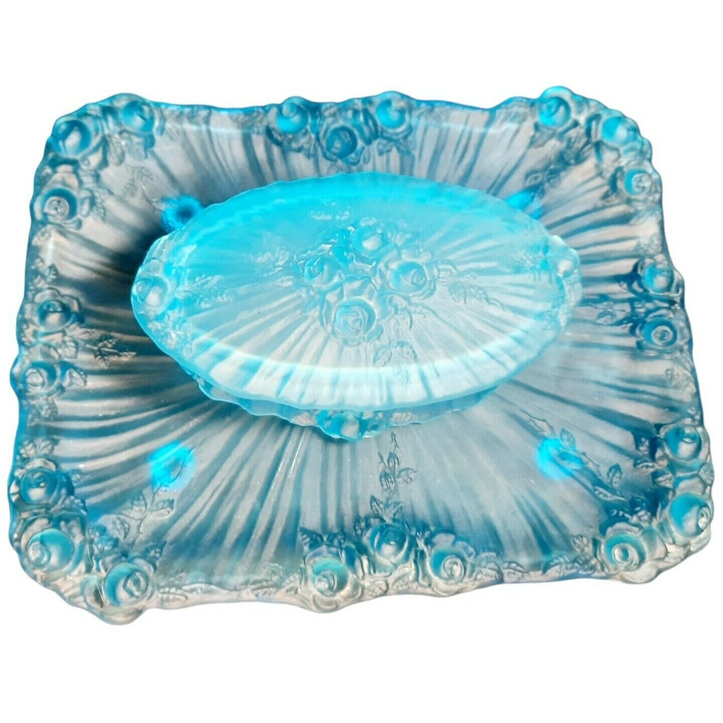 Antique Tiffin Dresser Tray and Matching Dresser Box Blue Satin Glass ...