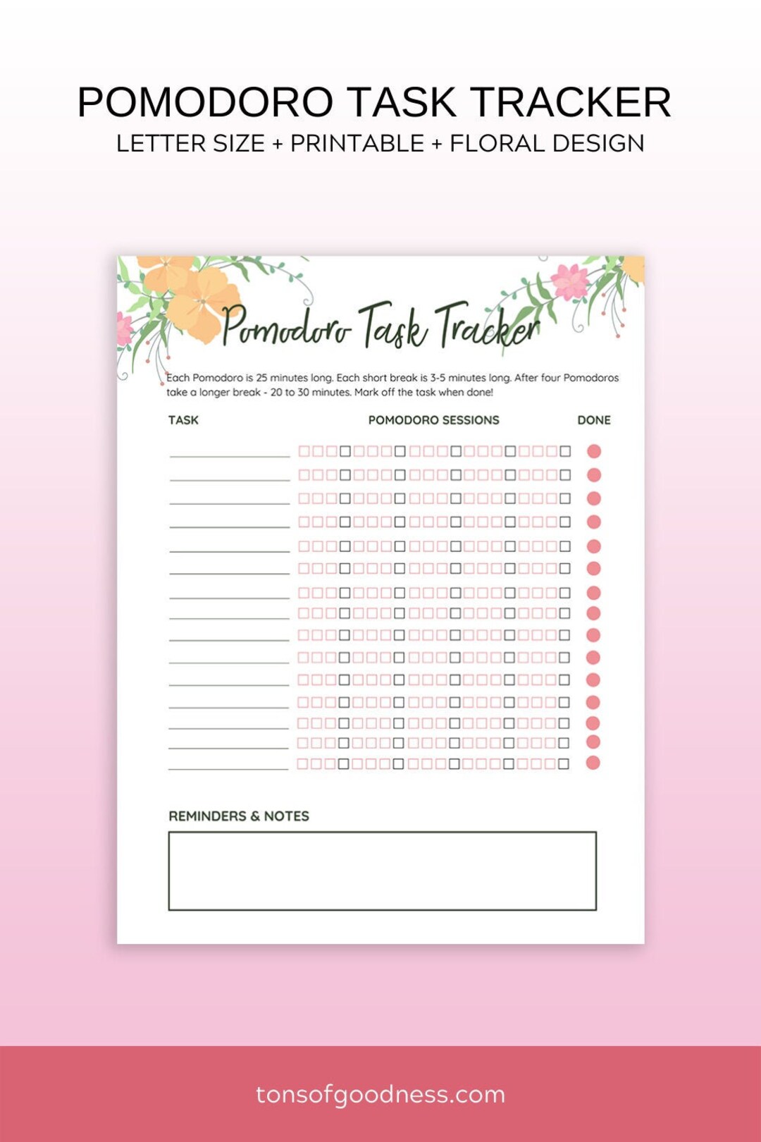Floral Pomodoro Task Tracker: Printable Time Management (instant ...