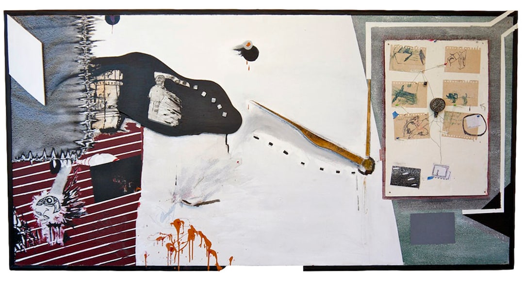 Large Modern Assemblage Art: Black, White & Red Painting (96x48 Inches ...