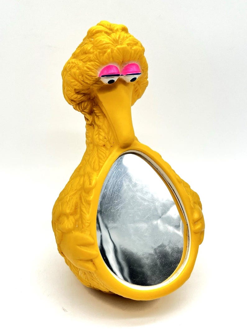 Vintage 1971 Big Bird Sesame Street Mirror Yellow Pink Kids Bell Rattle ...