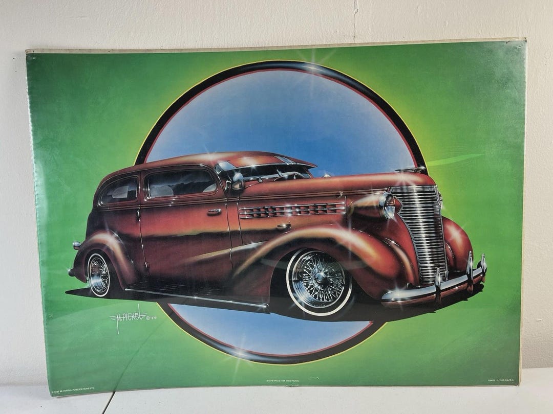 Vintage 1980 Mike Pickel Litho Green Red Car Poster - ‘38 CHEVROLET ...