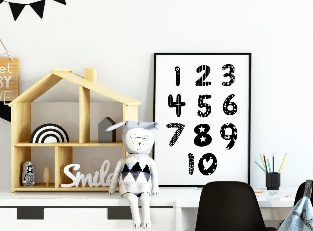 Numbers Kids Wall Art, Nursery Wall Print, Playroom Decor, Monochrome ...