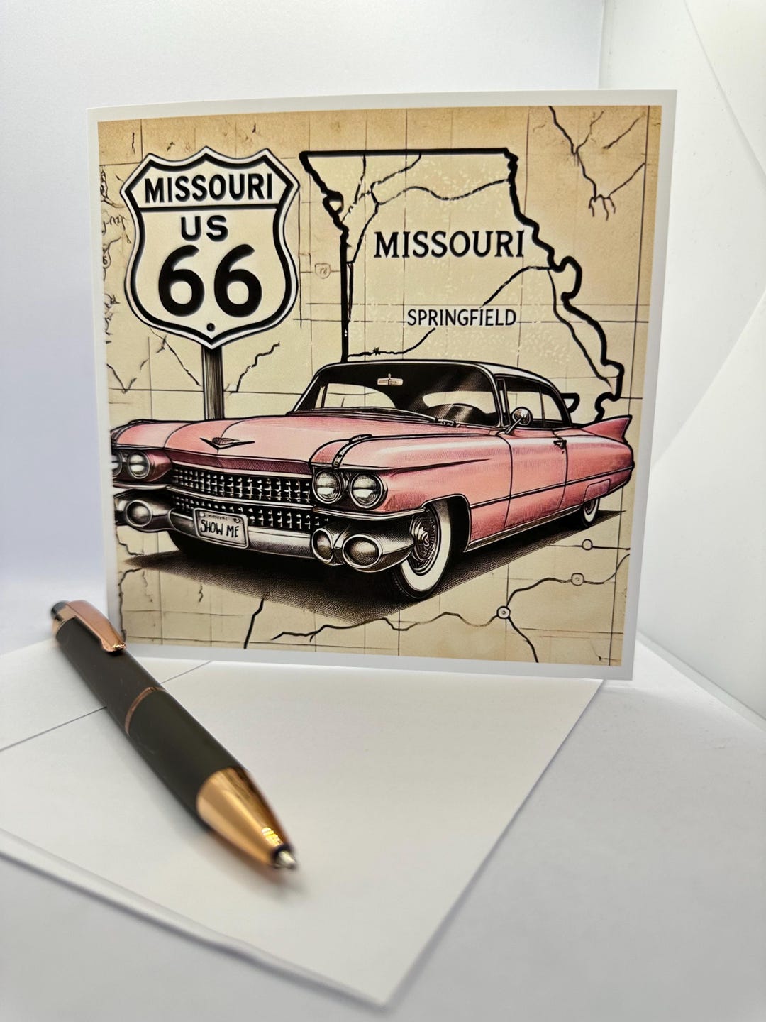 Route 66 Vintage Style Classic Car Greeting Card Blank Inside Pink ...