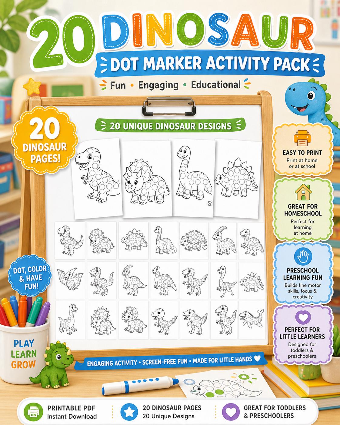 Dinosaur Dot Marker Pages Printable, 20 Dinosaur Dot Sticker Coloring ...