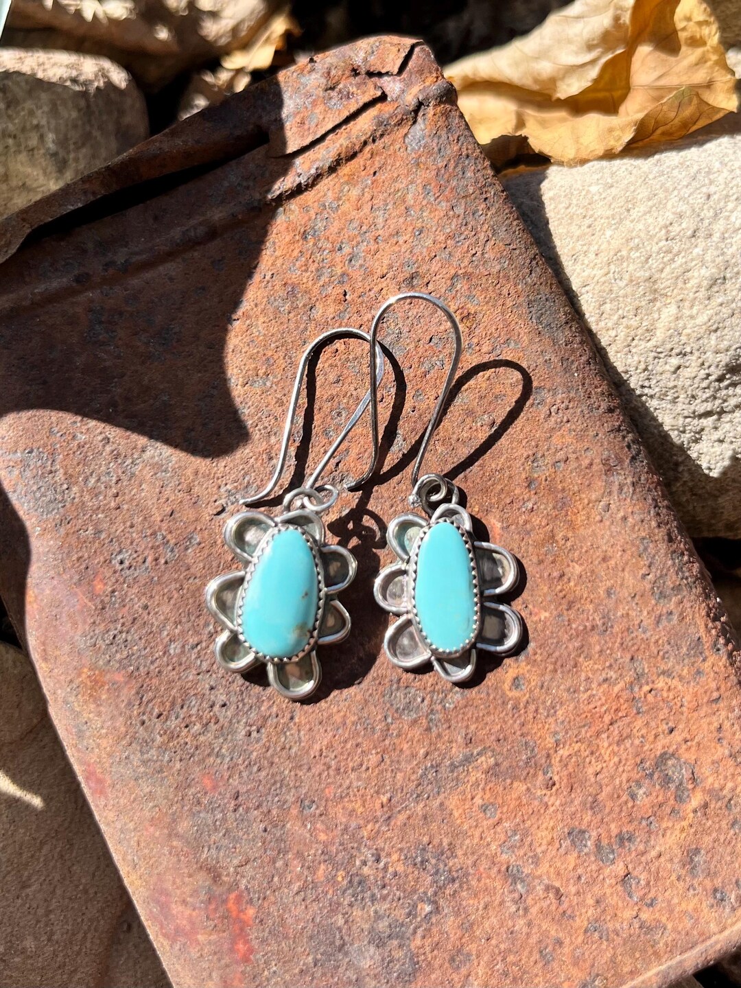 Hand Forged Tyrone Turquoise Flower Earrings, Sterling Silver - Etsy