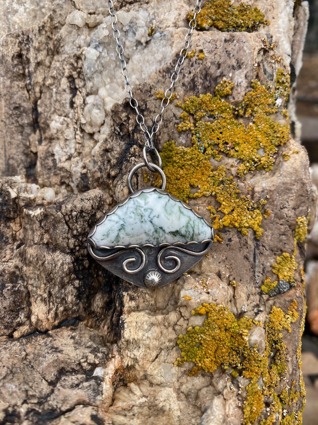 Tree Agate Green White Stone Cabochon Pendant Necklace Handmade ...