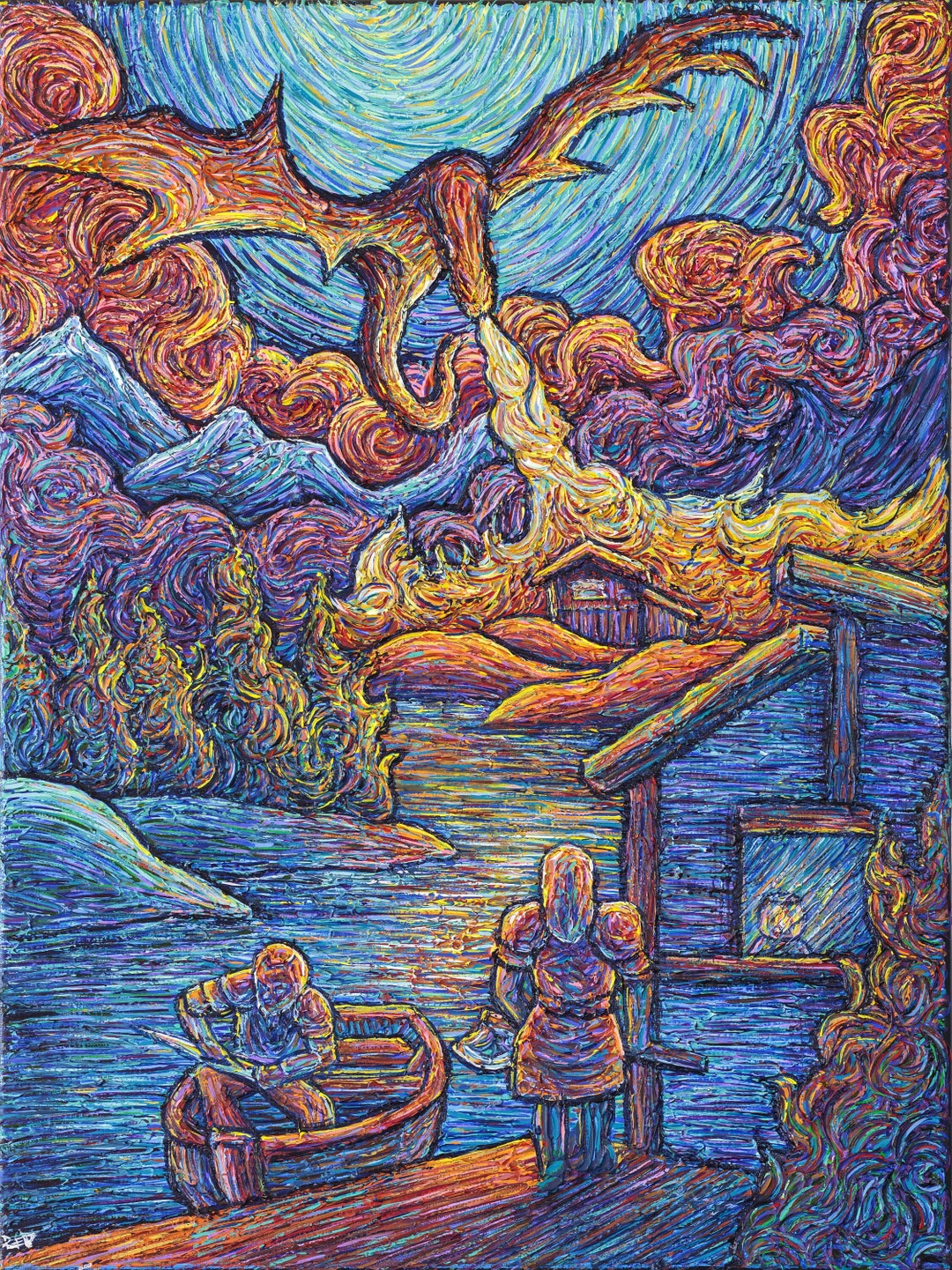 Dragon's Revenge Impressionist Van Gogh Fantasy Painting Knights ...