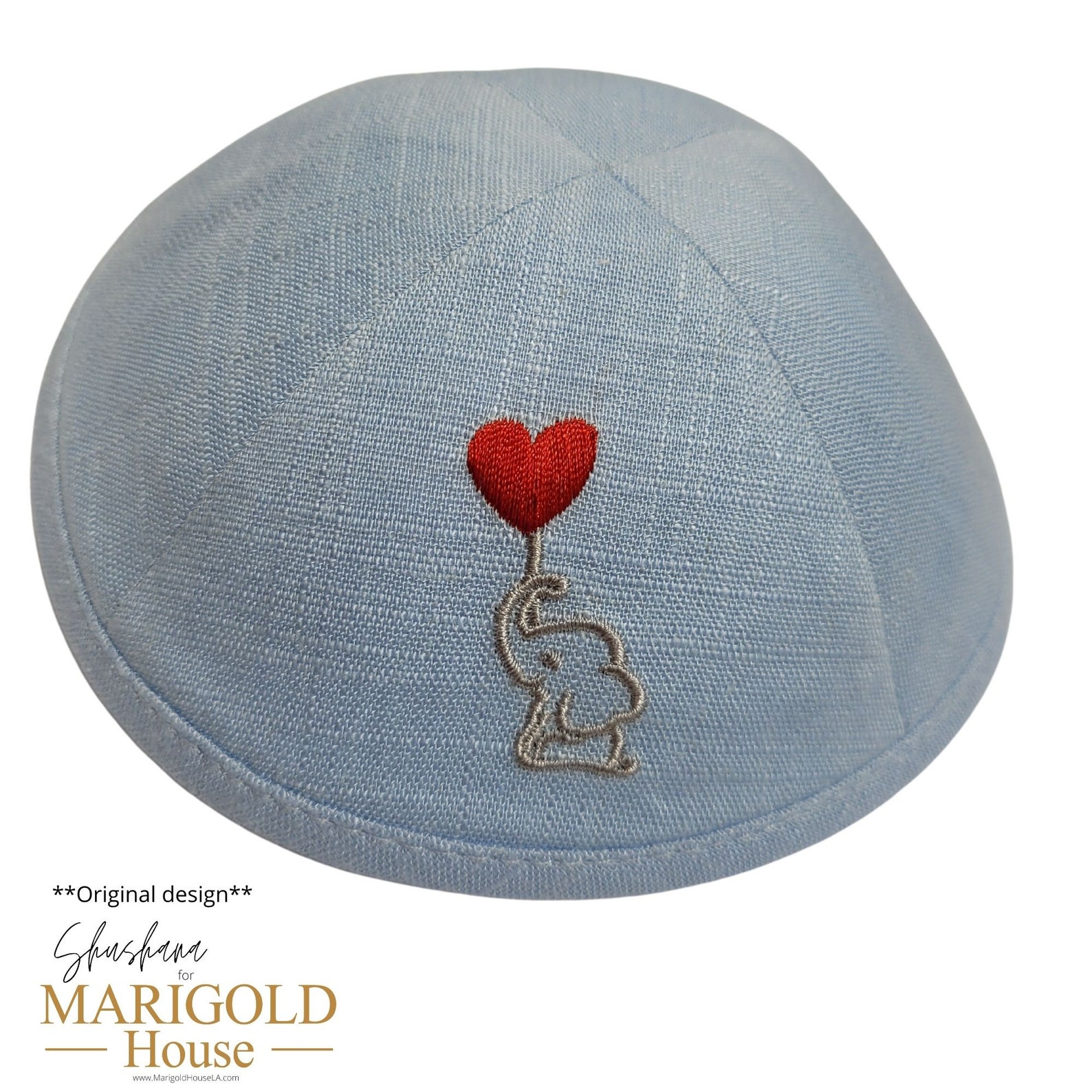 Light Blue Linen Kippah With Elephant Heart Embroidery| Built in Clip ...