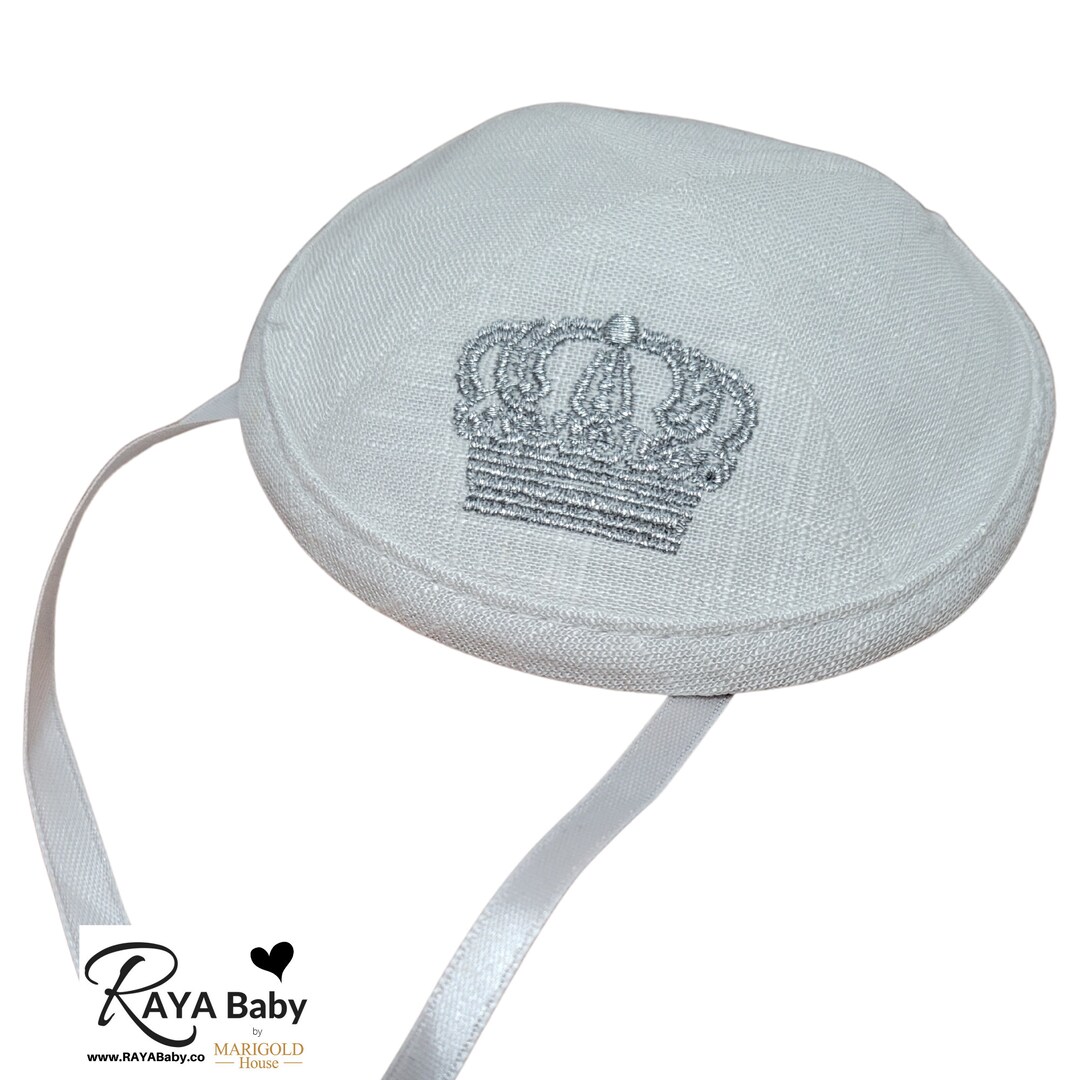 Crown Design Baby Kippah, White Linen | up to Age 5 Kippah With Clip ...