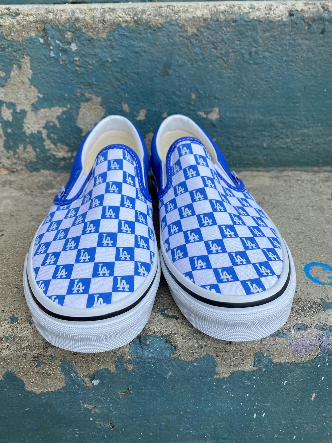 Back in Stock!!! Custom Vans Dodgers Blue Checkerboard Slip on Vans ...