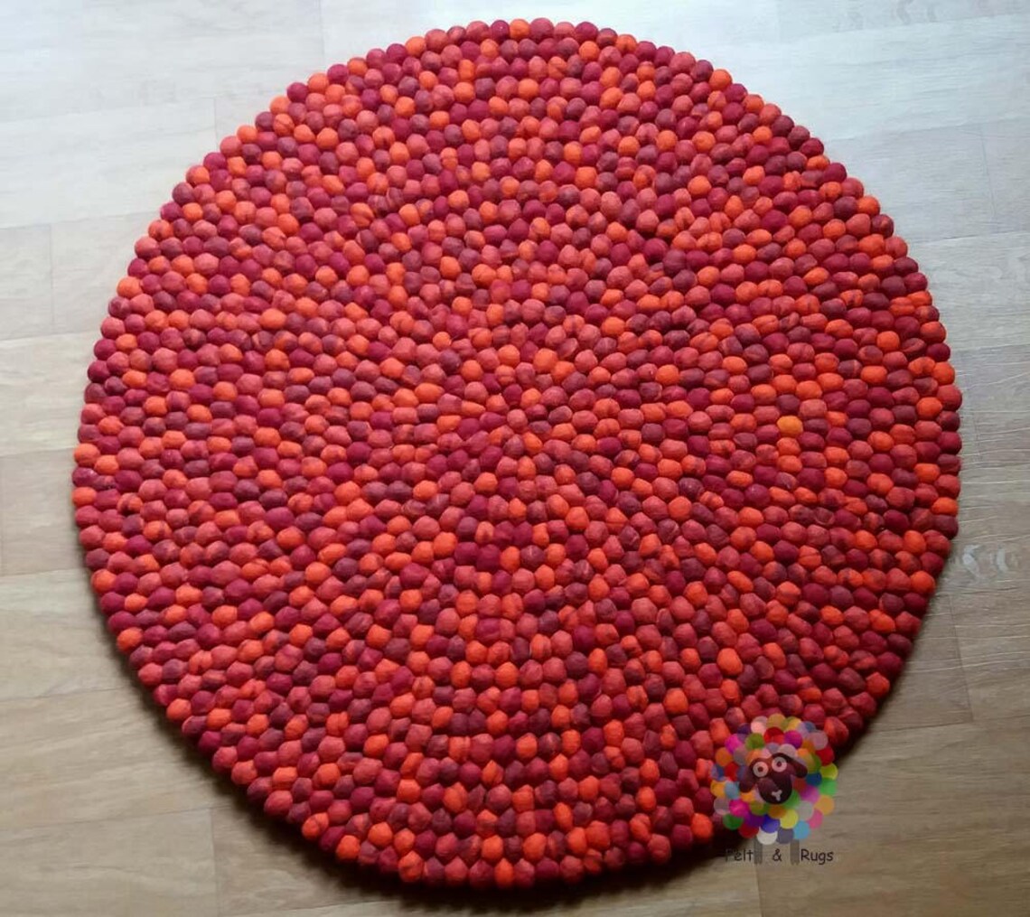Round Felt Ball Rug, Tie Dye Pom Pom, Red Tone Wool, Nursery Deco - Etsy