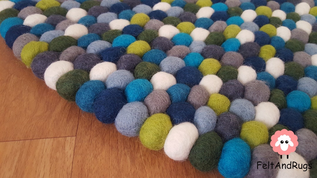 Felt Ball Rugs Nilo, Shades of Blue , Green , Grey and White . 100 % ...