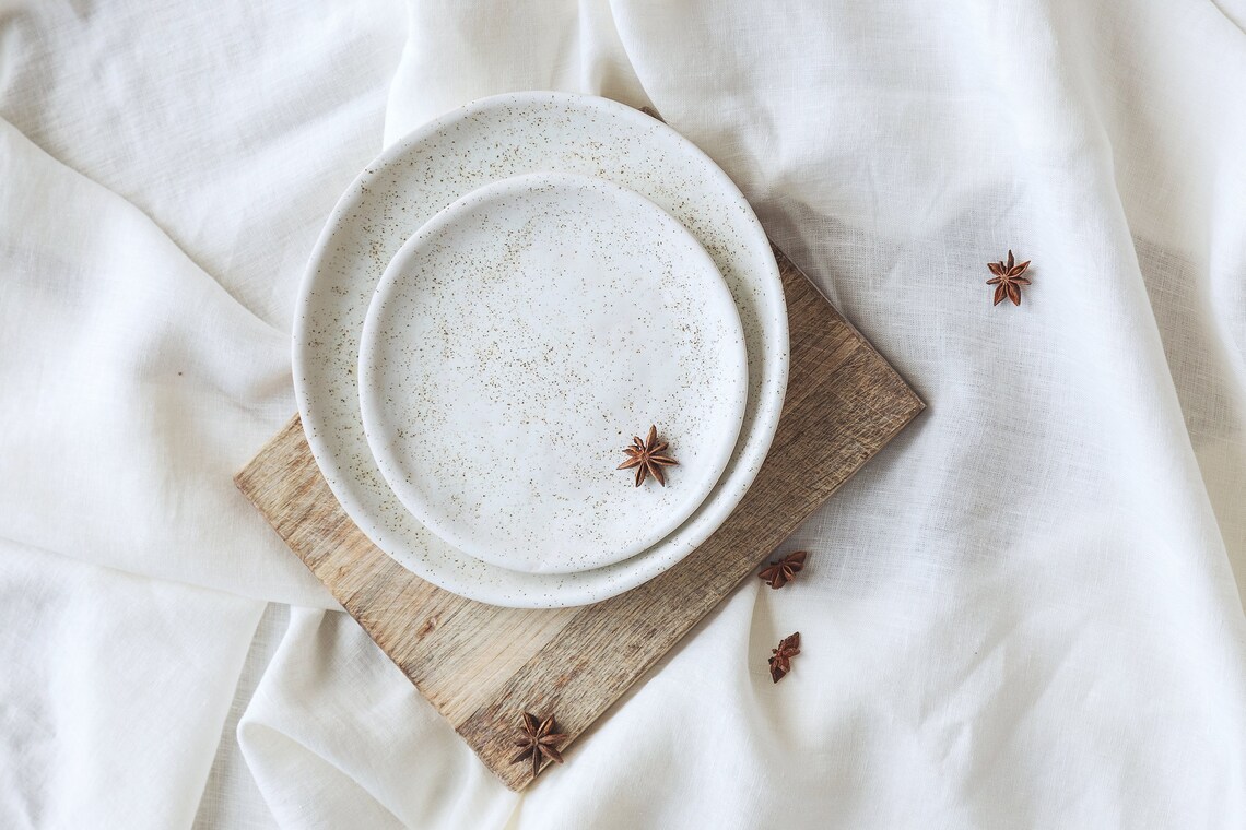 White Ceramic Dinner Plate Set With Speckled Matte Glaze - Etsy