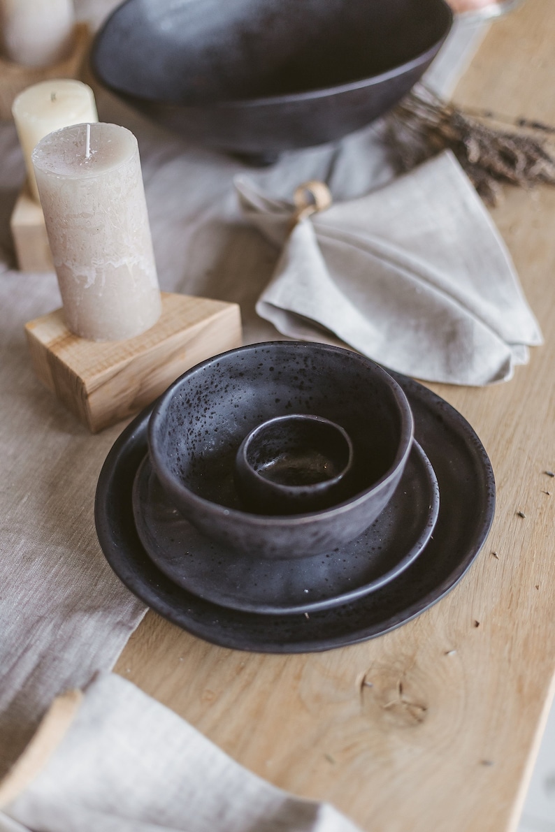Rustic Pottery Dinnerware Ceramics Dinner Set Black Dishes - Etsy