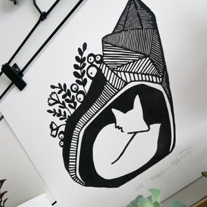 Foxhole Block Print Hand Printed Artwork Foxhole Art Fox - Etsy