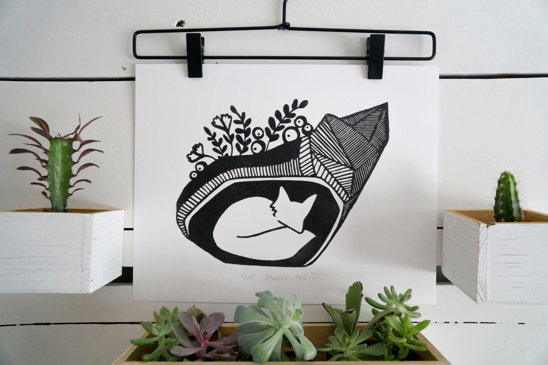 Foxhole Block Print Hand Printed Artwork Foxhole Art Fox - Etsy