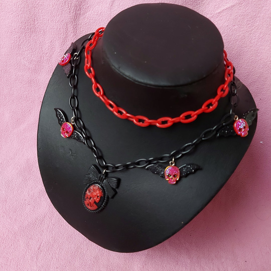 Pastel Goth Red & Black Occult Charm Necklace Choker Y2k Egirl Punk ...