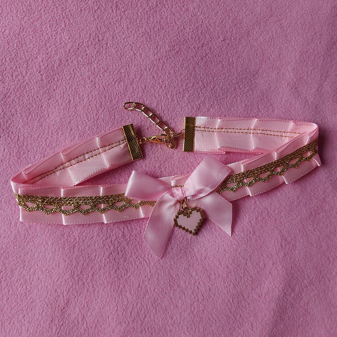 Kawaii Cute Collar Choker Pixel Gamer Heart Lace Pastel Pink Fantasy ...