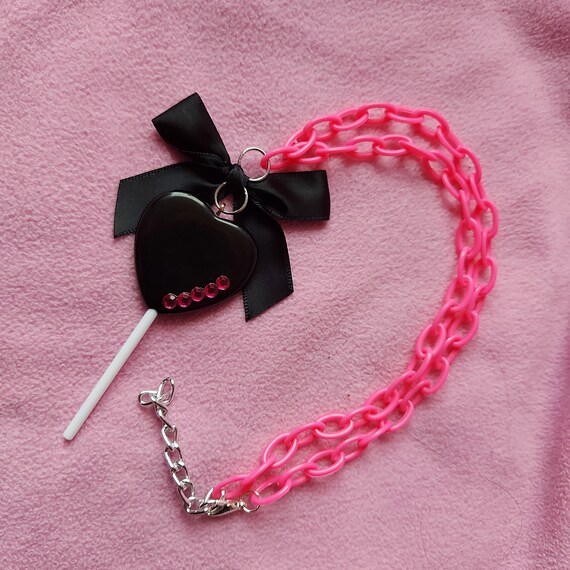 Pink and Black Pastel Goth Heart Lollipop Necklace Punk Decora | Etsy