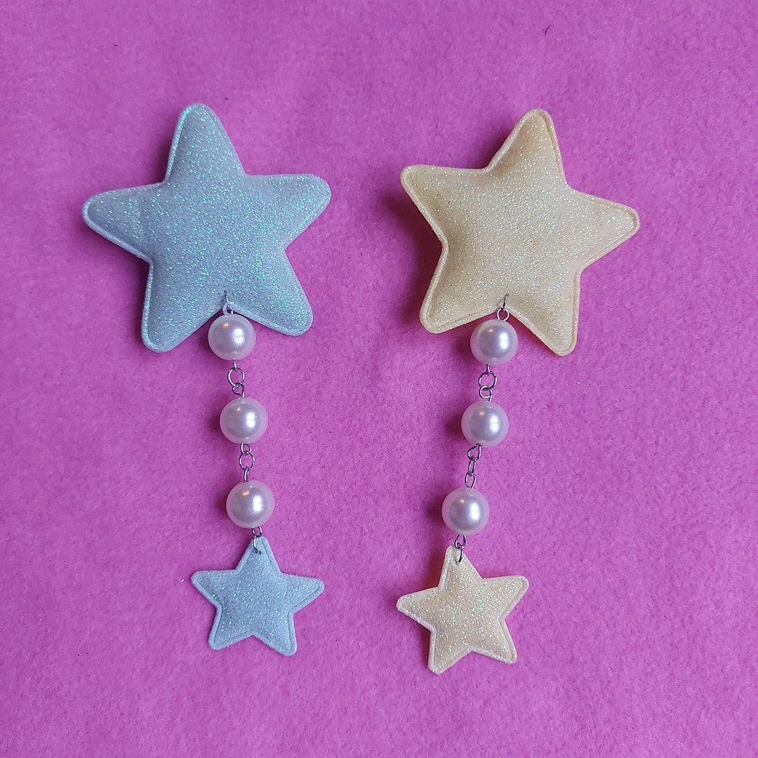 Kawaii Cute Dangling Star Fabric Hairclips Pastel Pink Mint and Blue ...