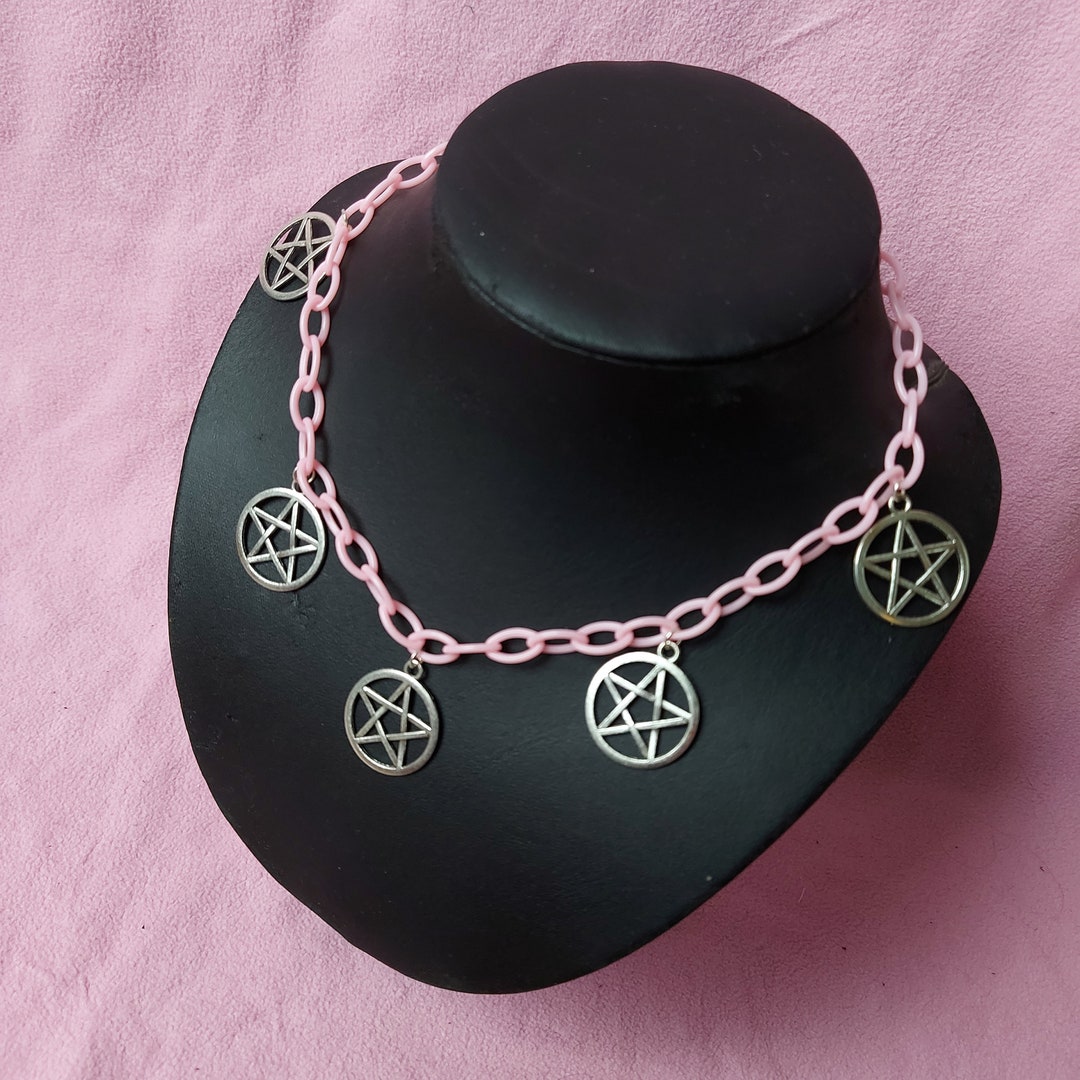 Pastel Goth Pentagram Black & Pink Charm Necklace Choker Y2k Egirl Punk ...