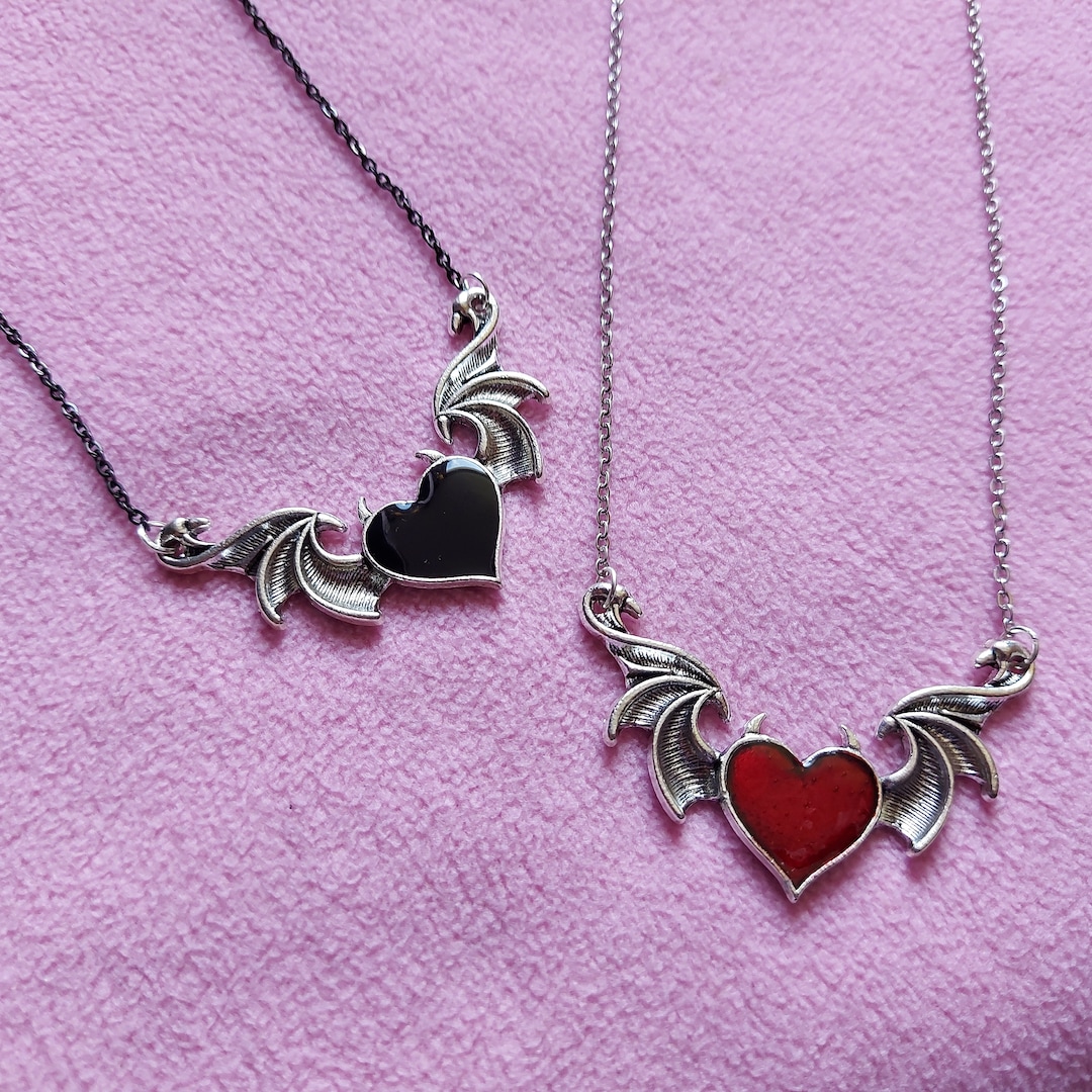 Pastel Goth Red and Black Heart With Devil Wings Necklace Punk Decora ...